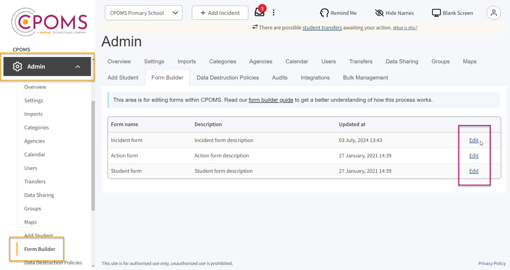CPOMS StudentSafe - Form Builder