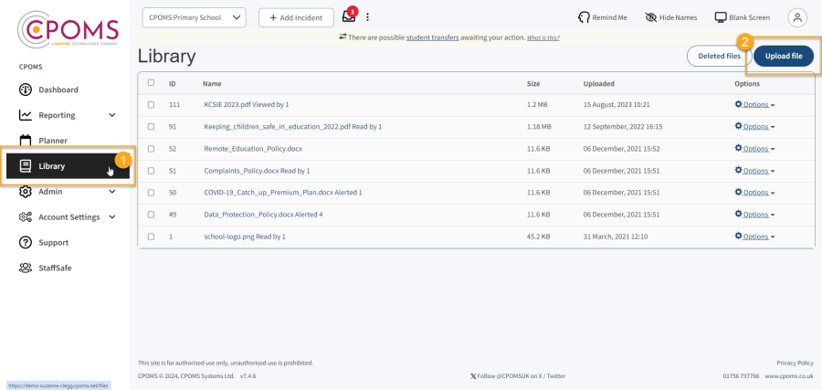 CPOMS StudentSafe - Uploading a file to the Library