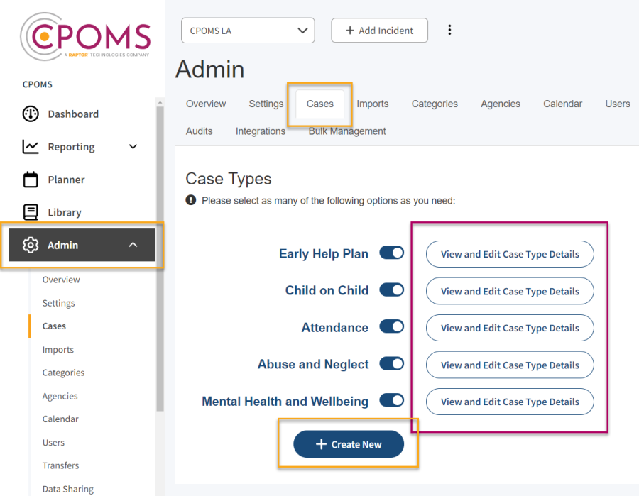 CPOMS StudentSafe - Where to find Case Types (Cases and Forms)
