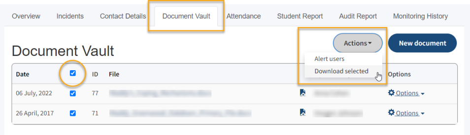 How do I download a student's documents/ files?